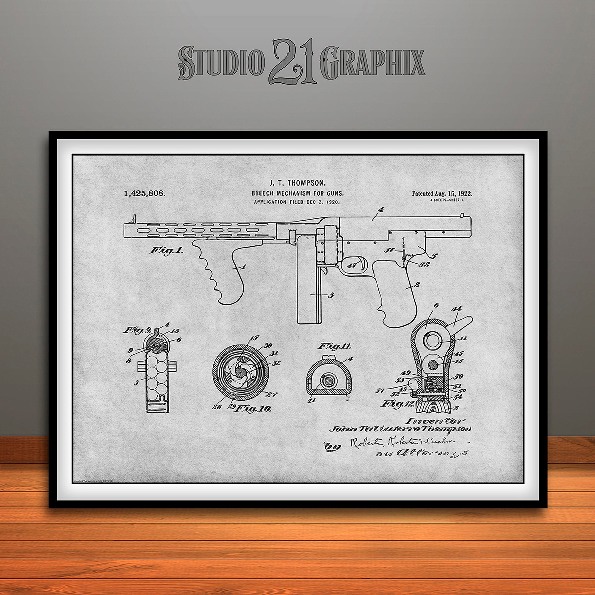 1922 Thompson Submachine Gun Patent Print UNFRAMED Studio 21 Graphix 1922-thompson-submachine-gun-patent-print-unframed-studio-21-graphix