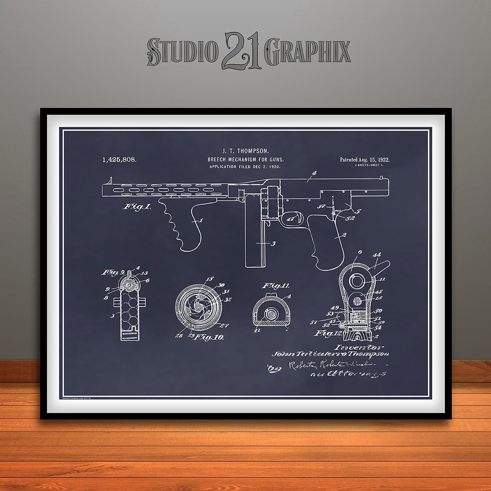 1922 Thompson Submachine Gun Patent Print UNFRAMED Studio 21 Graphix 1922-thompson-submachine-gun-patent-print-unframed-studio-21-graphix